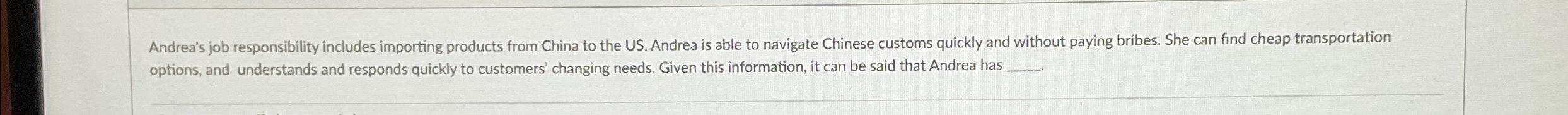 Solved Andrea's job responsibility includes importing | Chegg.com
