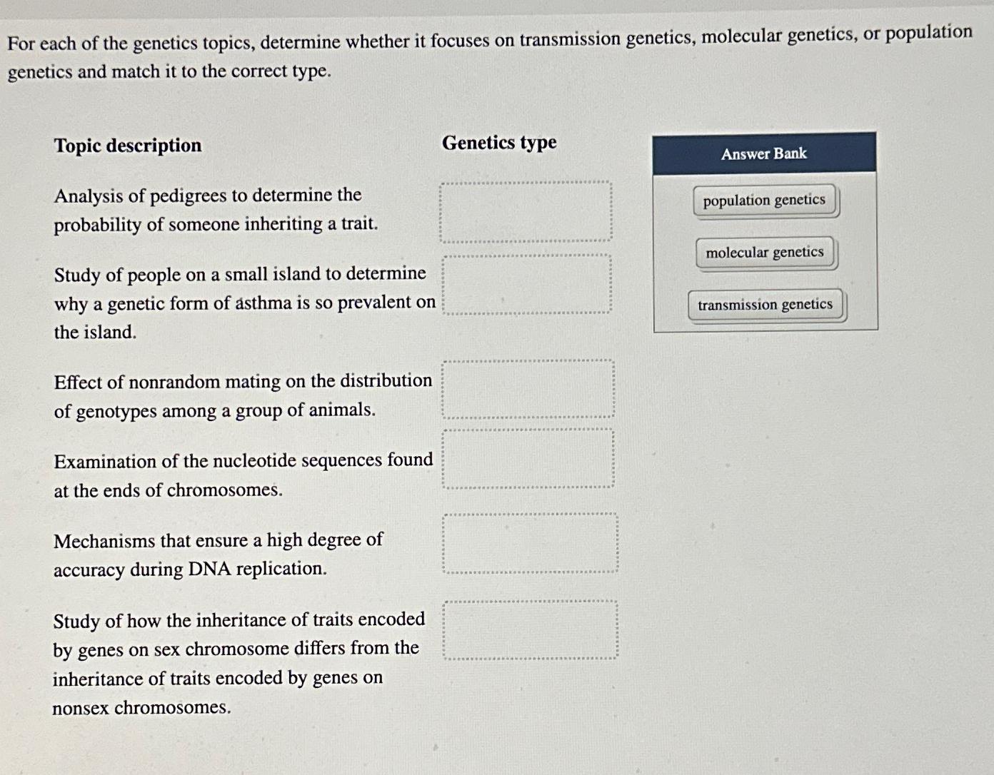 Solved For each of the genetics topics, determine whether it | Chegg.com