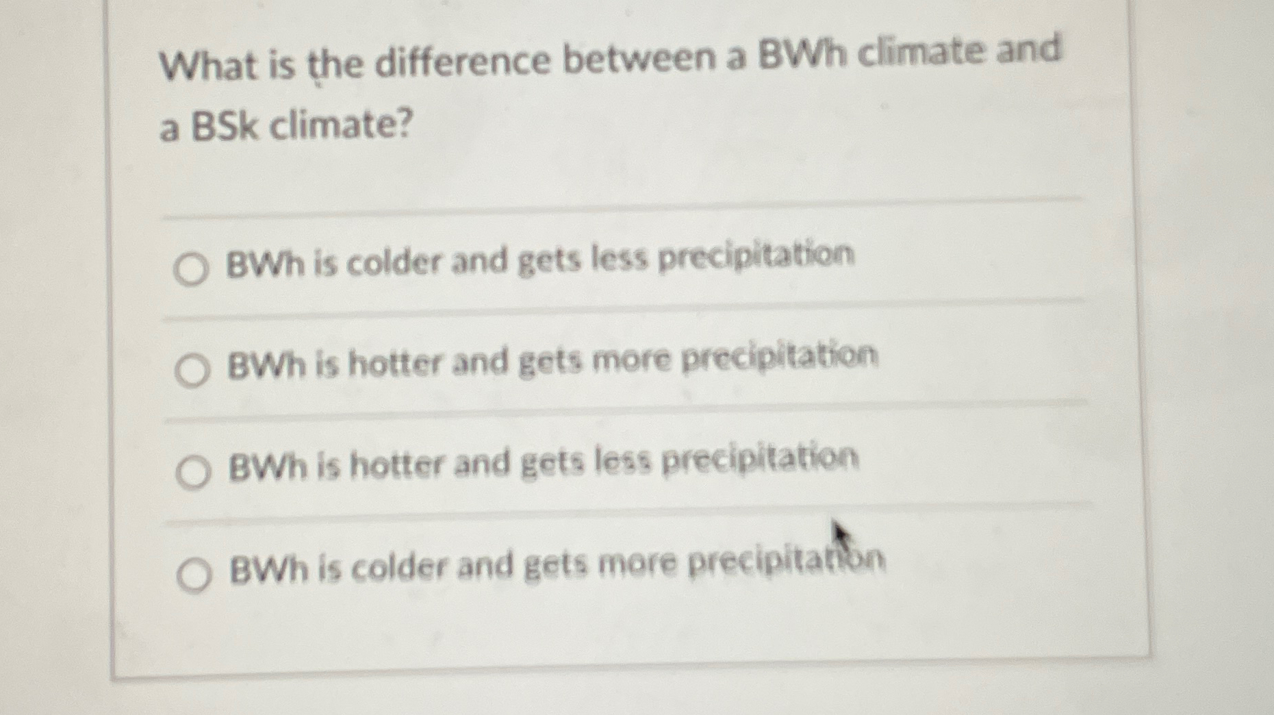 Solved What is the difference between a BWh climate and a | Chegg.com