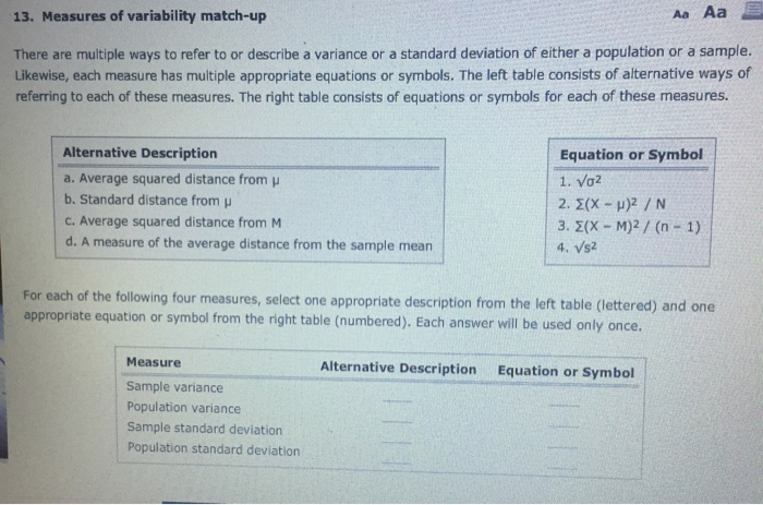 Solved 13. Measures of variability match-up Aa Aa E There | Chegg.com