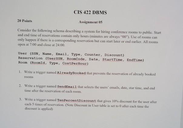 Solved CIS 422 DBMS 20 Points Assignment 05 Consider the | Chegg.com