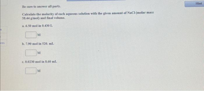 Solved Be sure to answer all parts: Calculate the molarity | Chegg.com