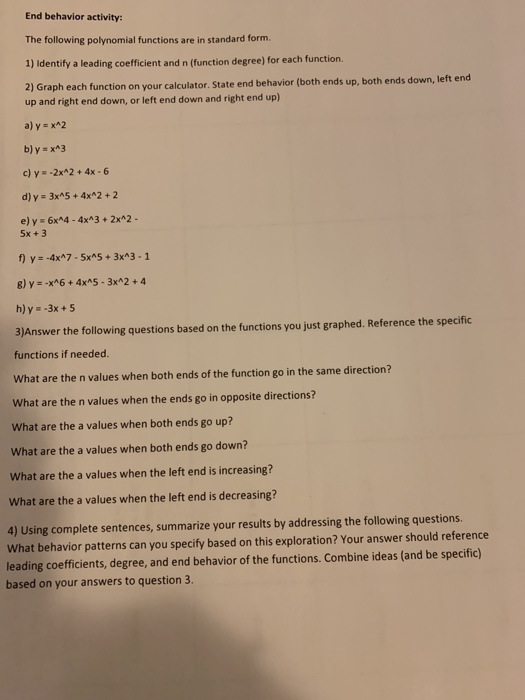 Solved End behavior activity: The following polynomial | Chegg.com