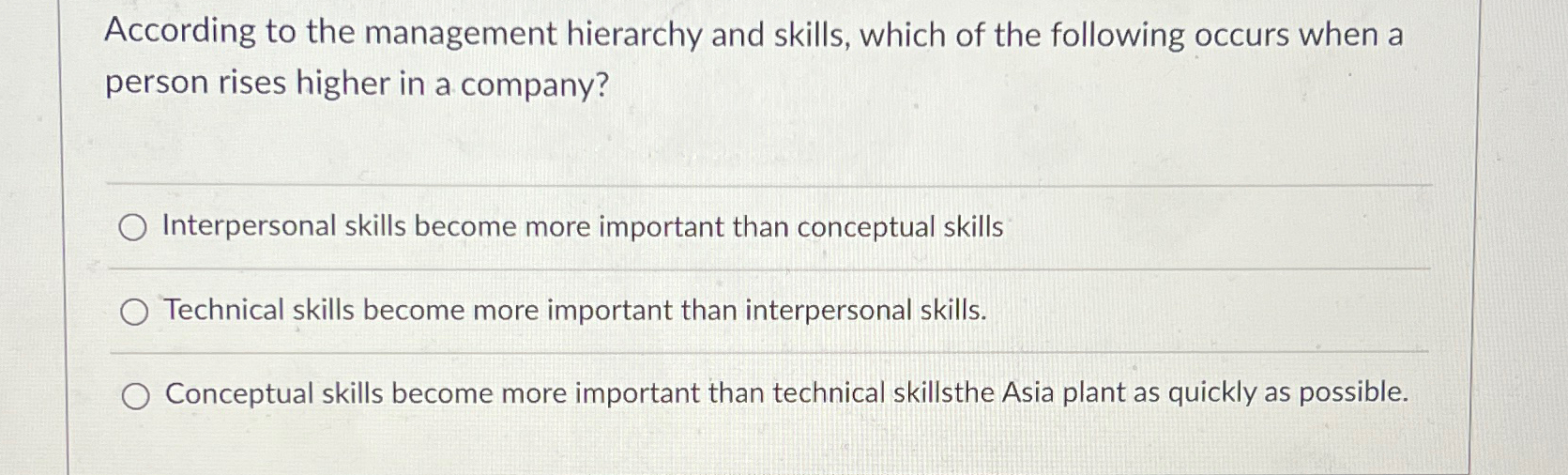 Solved According to the management hierarchy and skills, | Chegg.com