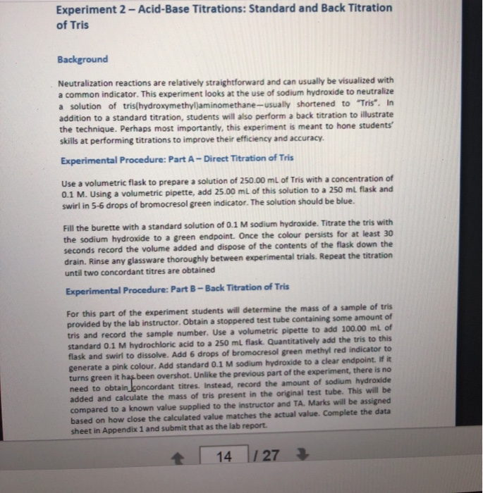Experiment 2- Acid-Base Titrations: Standard and Back | Chegg.com