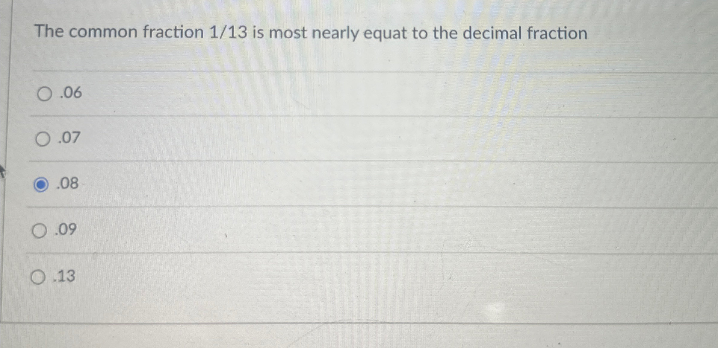 Solved The common fraction 113 ﻿is most nearly equat to the | Chegg.com