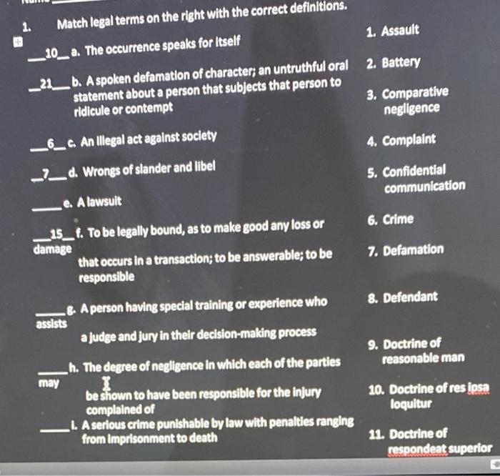 Solved 1. Match legal terms on the right with the correct | Chegg.com