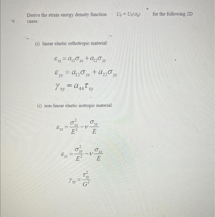 Solved Derive the strain energy density function U0=U0(σi) | Chegg.com