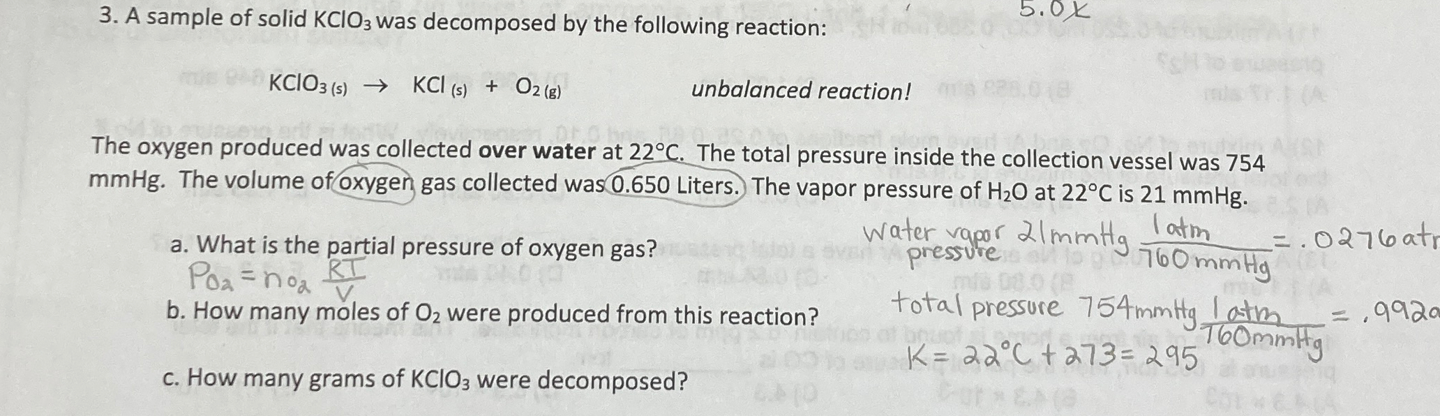 Solved A sample of solid KClO3 ﻿was decomposed by the | Chegg.com