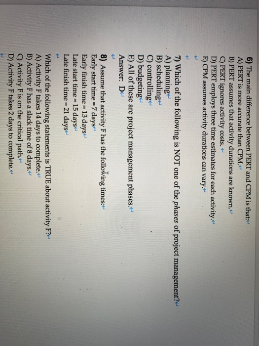 Solved 6) The main difference between PERT and CPM is that: | Chegg.com