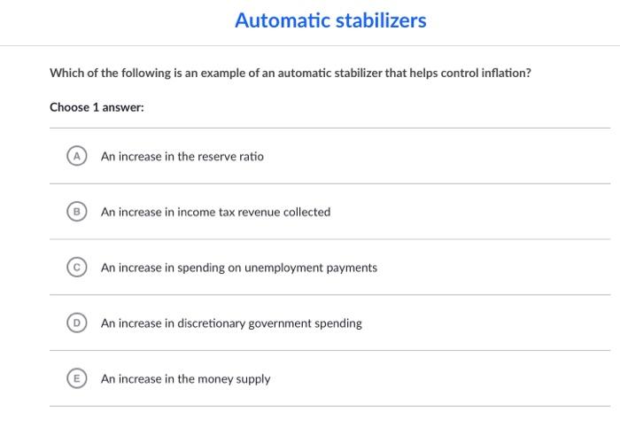 Solved Automatic stabilizers Which of the following is an | Chegg.com