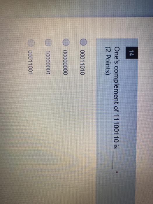 Solved 14 One's complement of 11100110 is (2 Points) | Chegg.com