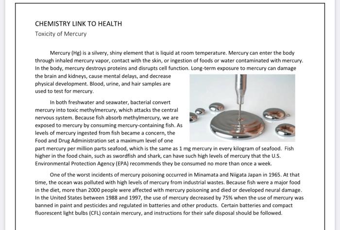 Solved CHEMISTRY LINK TO HEALTH Toxicity of Mercury Mercury | Chegg.com