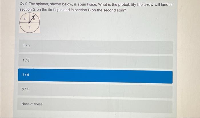 Solved Q14. The spinner, shown below, is spun twice. What is | Chegg.com