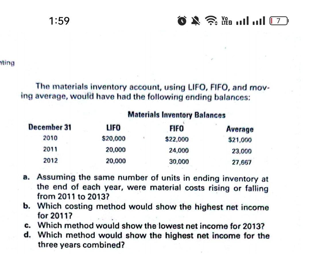 Solved 1:59 (1) \& The materials inventory account, using | Chegg.com