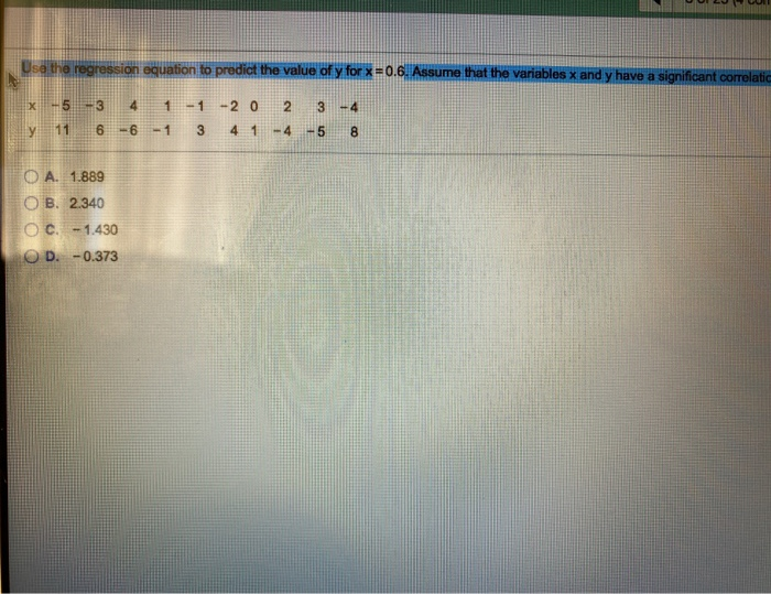 Solved Use The Regression Equation To Predict The Value Of Y Chegg