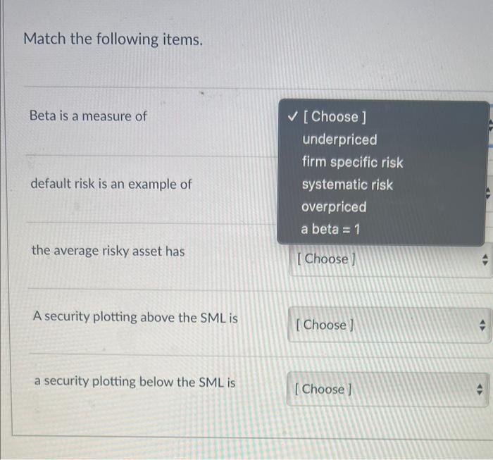 Solved Match the following items. Beta is a measure of | Chegg.com