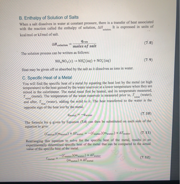 Solved B. Enthalpy of Solution of Salts When a salt | Chegg.com