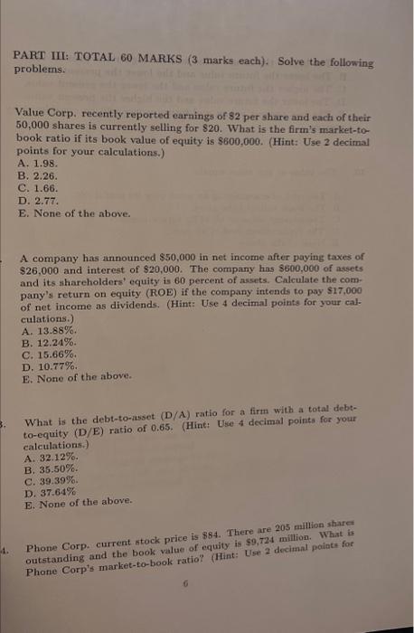 Solved PART III: TOTAL 60 MARKS (3 marks each). Solve the | Chegg.com