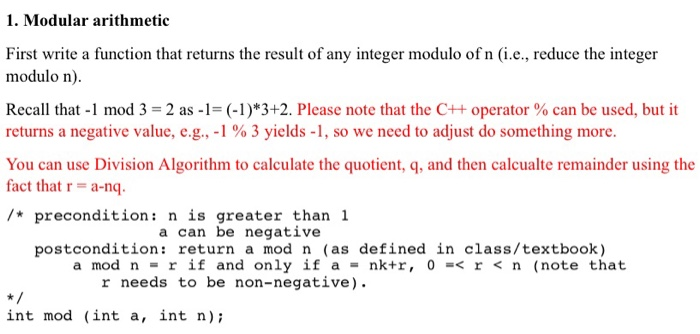 Solved 1 Modular Arithmetic First Write Function Returns