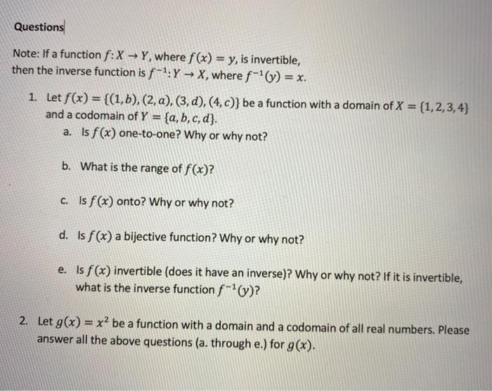 Solved Questions Note: If a function f:XY, where f(x) = y, | Chegg.com