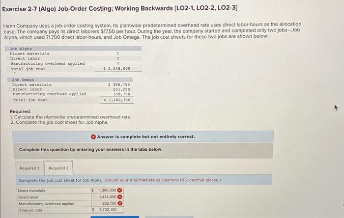 Solved xercise 2-7 (Algo) Job-Order Costing; Working | Chegg.com