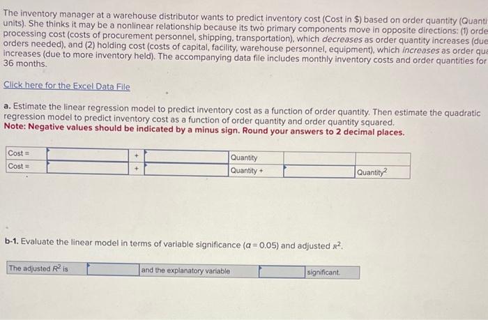 Solved The inventory manager at a warehouse distributor | Chegg.com