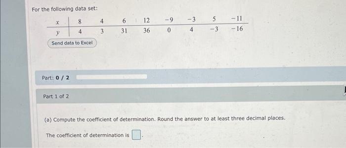 Solved For the following data set: Part: 0/2 Part 1 of 2 (a) | Chegg.com