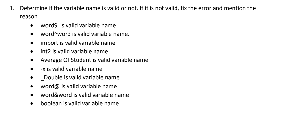 Solved 1. Determine if the variable name is valid or not. If | Chegg.com