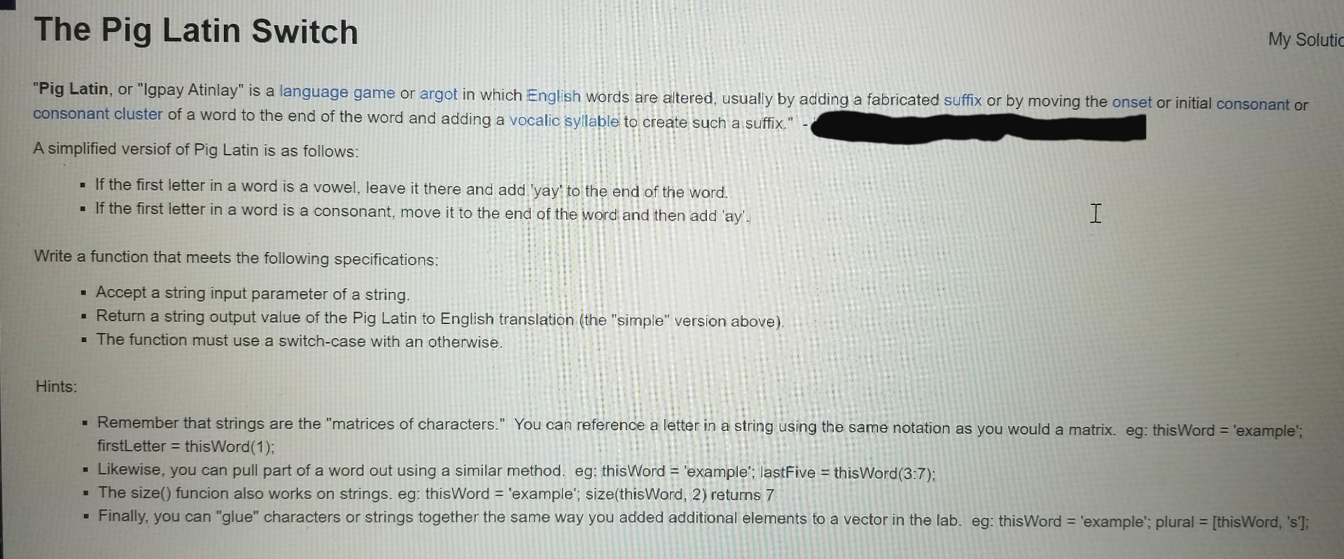 Solved The Pig Latin Switch My Solutic "Pig Latin, or "Igpay | Chegg.com