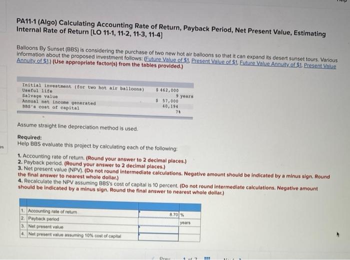 Solved PA11-1 (Algo) Calculating Accounting Rate of Return, | Chegg.com