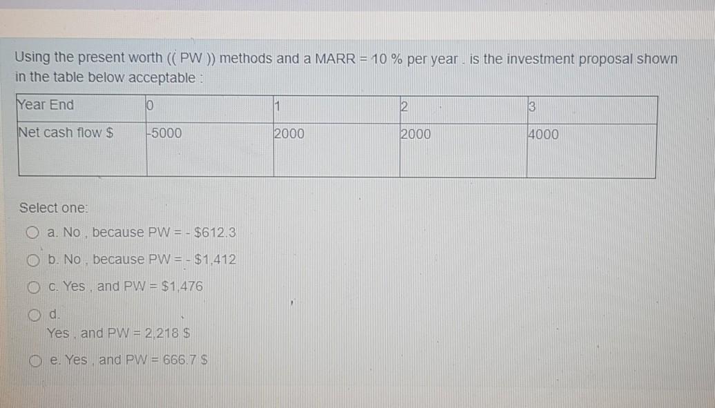 Solved Using the present worth ((PW)) methods and a MARR = | Chegg.com