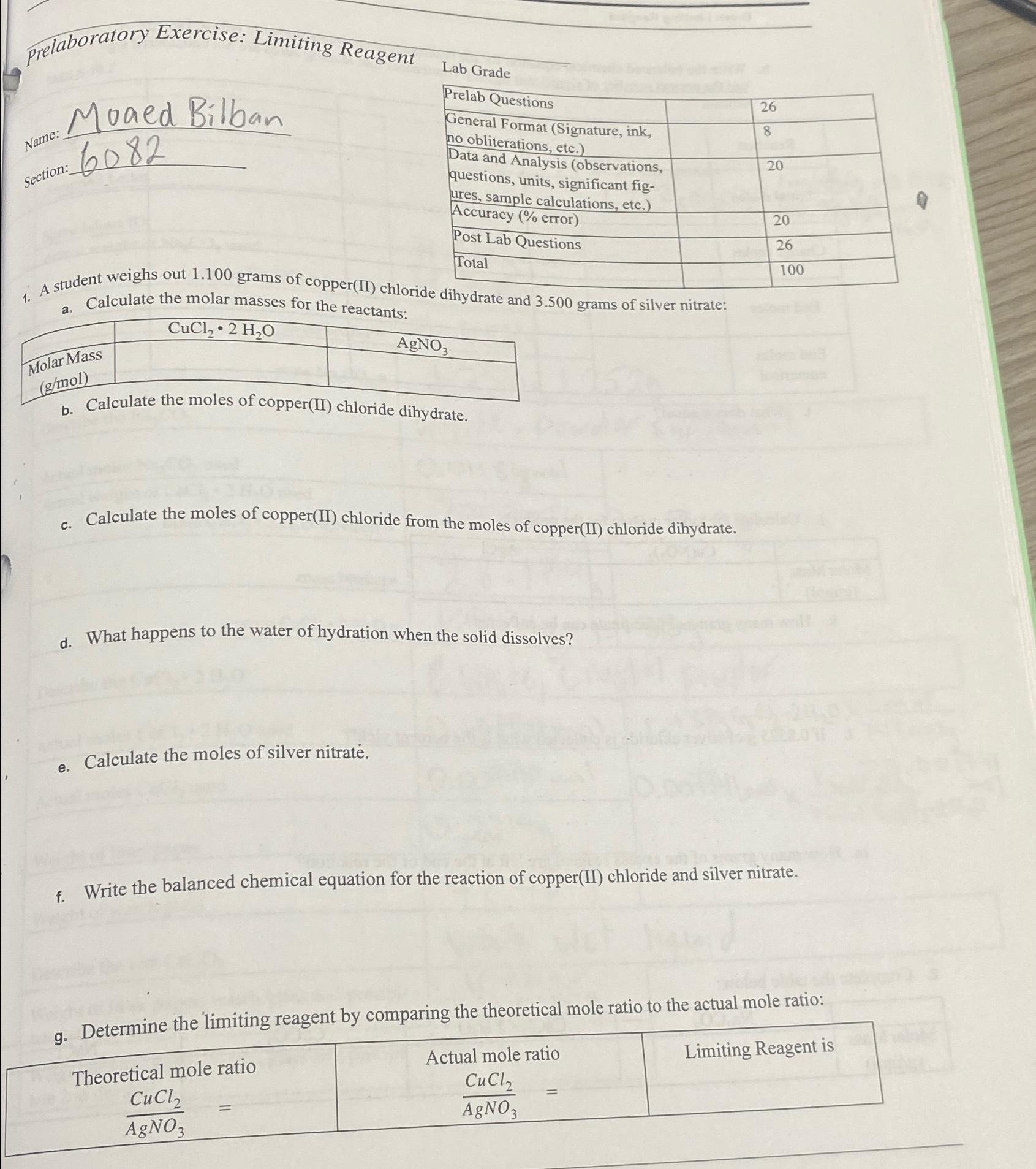 Solved prelaboratory Exercise: Limiting Reagent Lab | Chegg.com