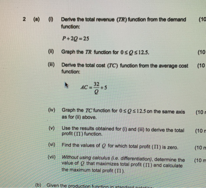 Solved 2 (a) 0 (10 Derive the total revenue (TR) function | Chegg.com