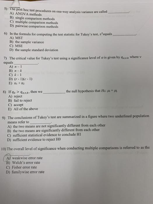 Solved 5) The post hoc test procedures on one-way analysis | Chegg.com