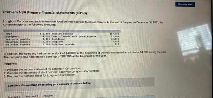 Solved Problem 1-3A Prepare financial statements (L01-3) | Chegg.com