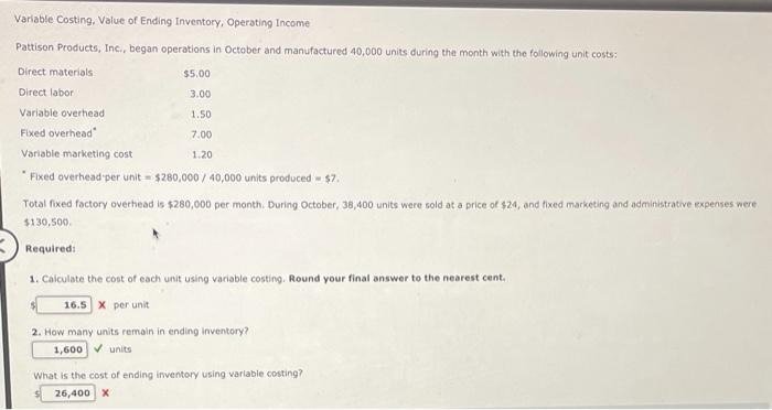 Solved Variable Costing, Value of Ending Inventory, | Chegg.com
