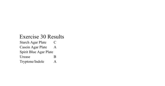 Solved Exercise 30 Results Starch Agar Plate с Casein Agar | Chegg.com