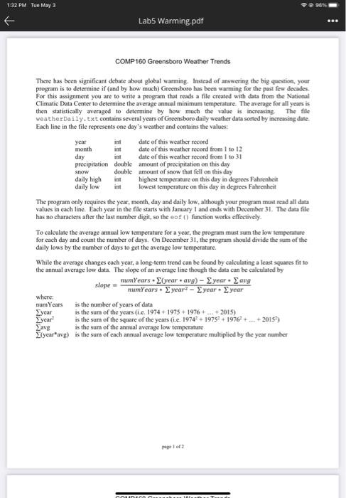 Solved 1:32 PM Tue May 3 e 96 .. Labs Warming.pdf COMP160 | Chegg.com
