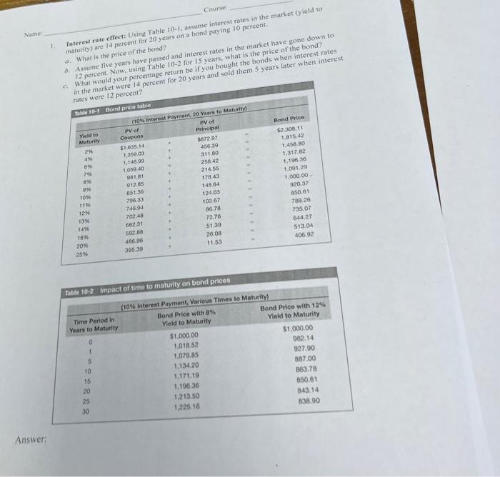 Solved 1. Interest rate effect: Using Table 10-1. assume | Chegg.com