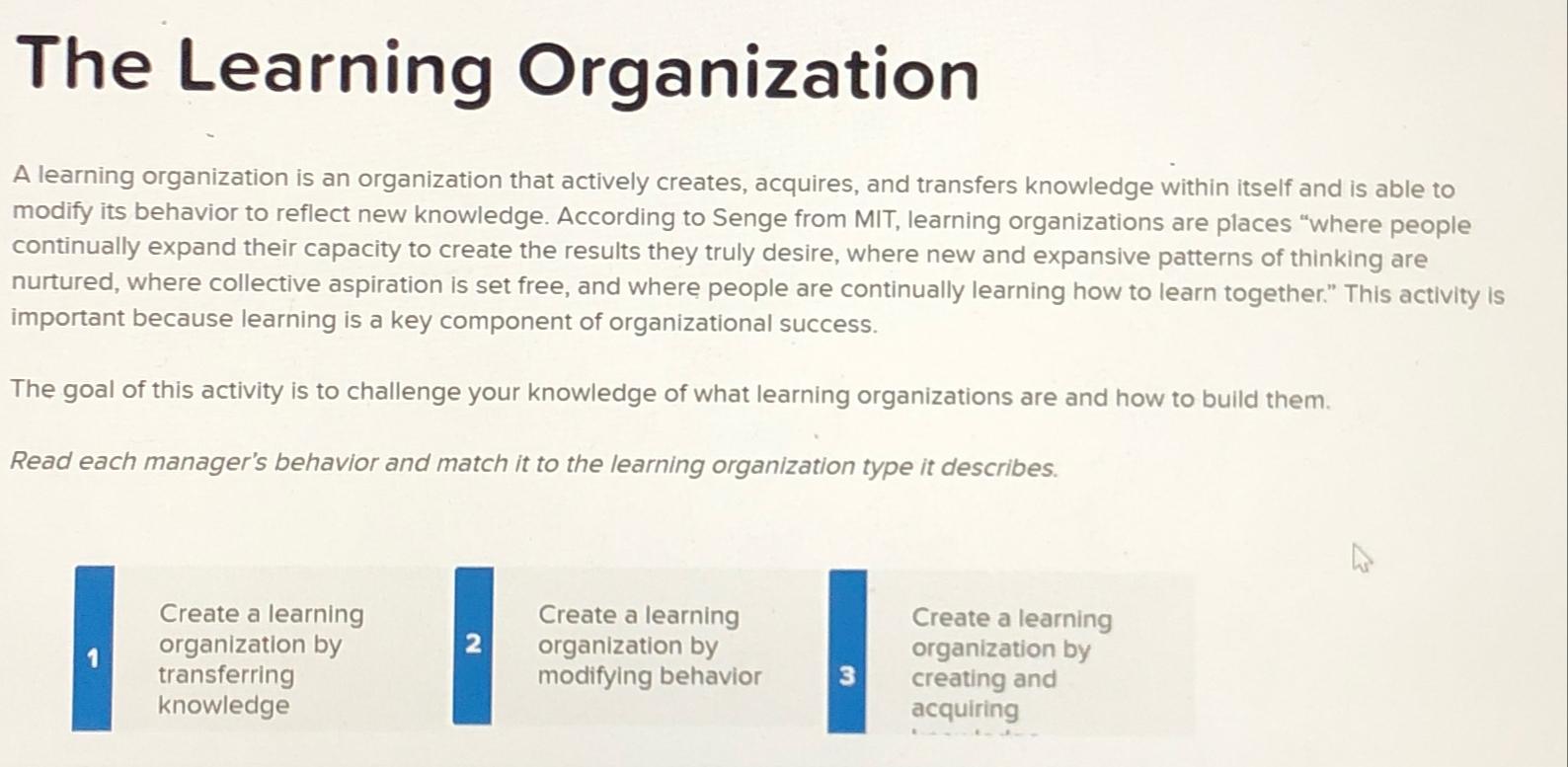 Solved The Learning OrganizationA learning organization is | Chegg.com