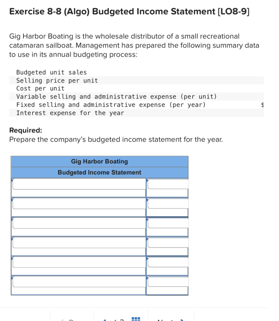 Exercise 8-8 (Algo) ﻿Budgeted Income Statement | Chegg.com