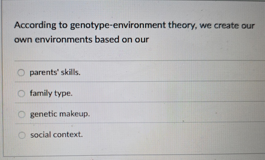 Solved According to genotype-environment theory, we create | Chegg.com