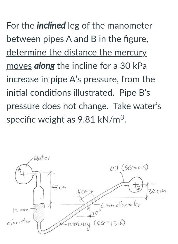 Solved For the inclined leg of the manometer between pipes A | Chegg.com