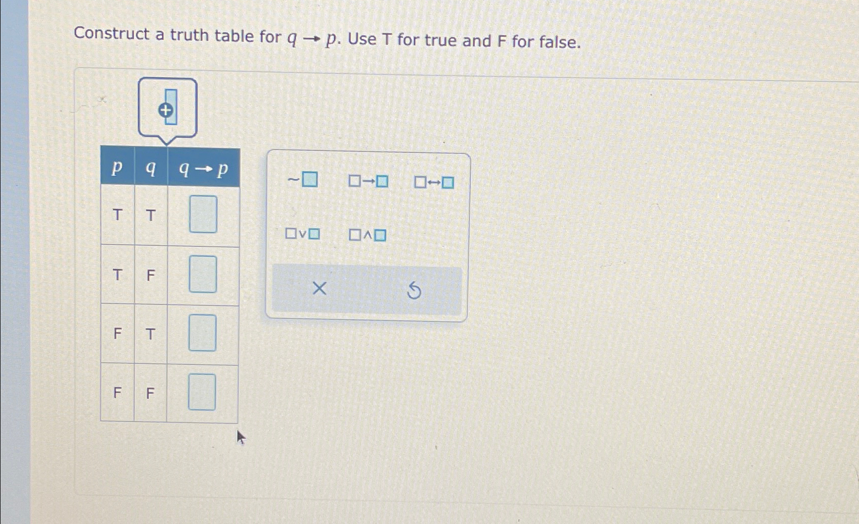 Solved Construct a truth table for q→p. ﻿Use T ﻿for true and | Chegg.com