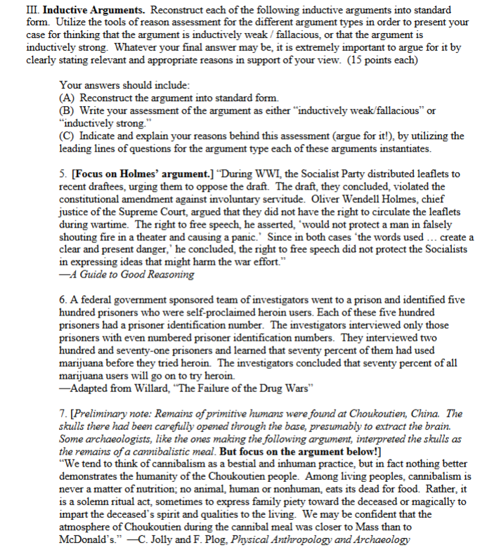 Solved III. Inductive Arguments. Reconstruct each of the | Chegg.com