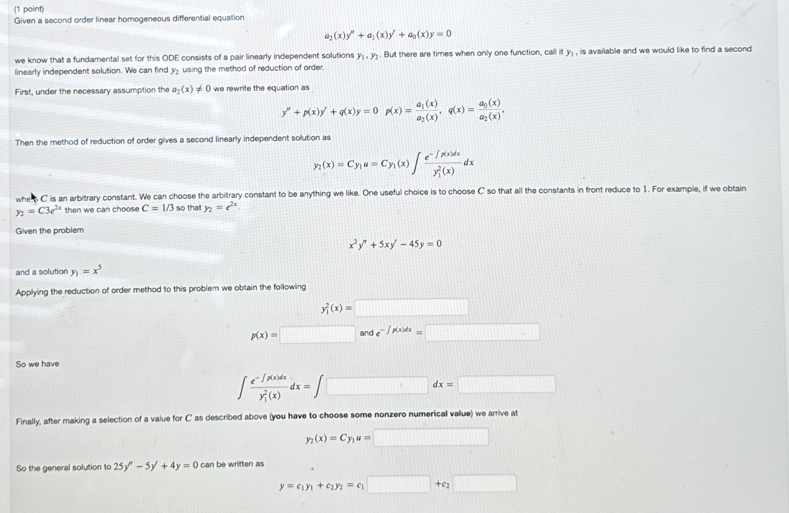 Solved 1 ﻿point Given A Second Order Linear Homogeneous