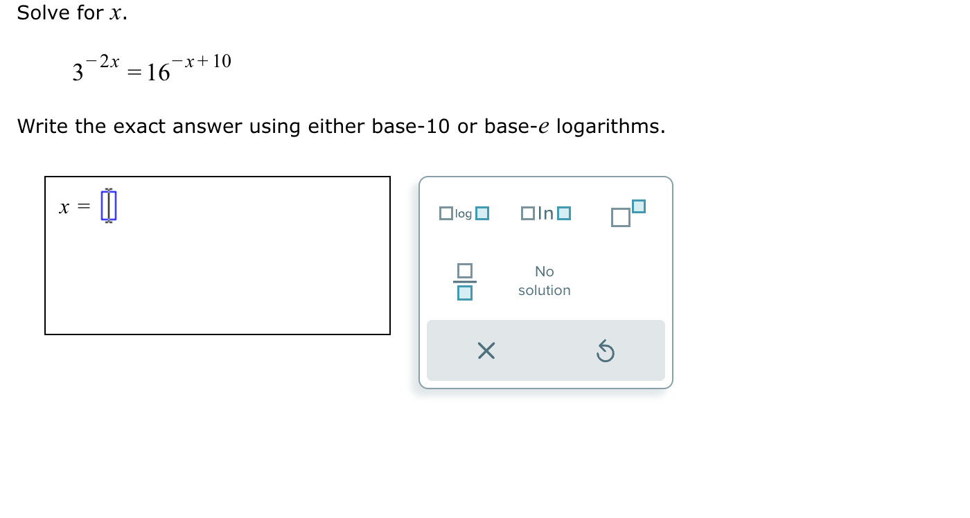 Solved Solve for x.3-2x=16-x+10Write the exact answer using | Chegg.com