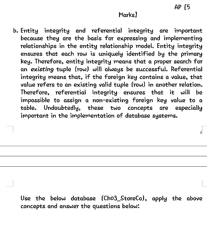 Solved AP [5 Marks] b. Entity integrity and referential | Chegg.com