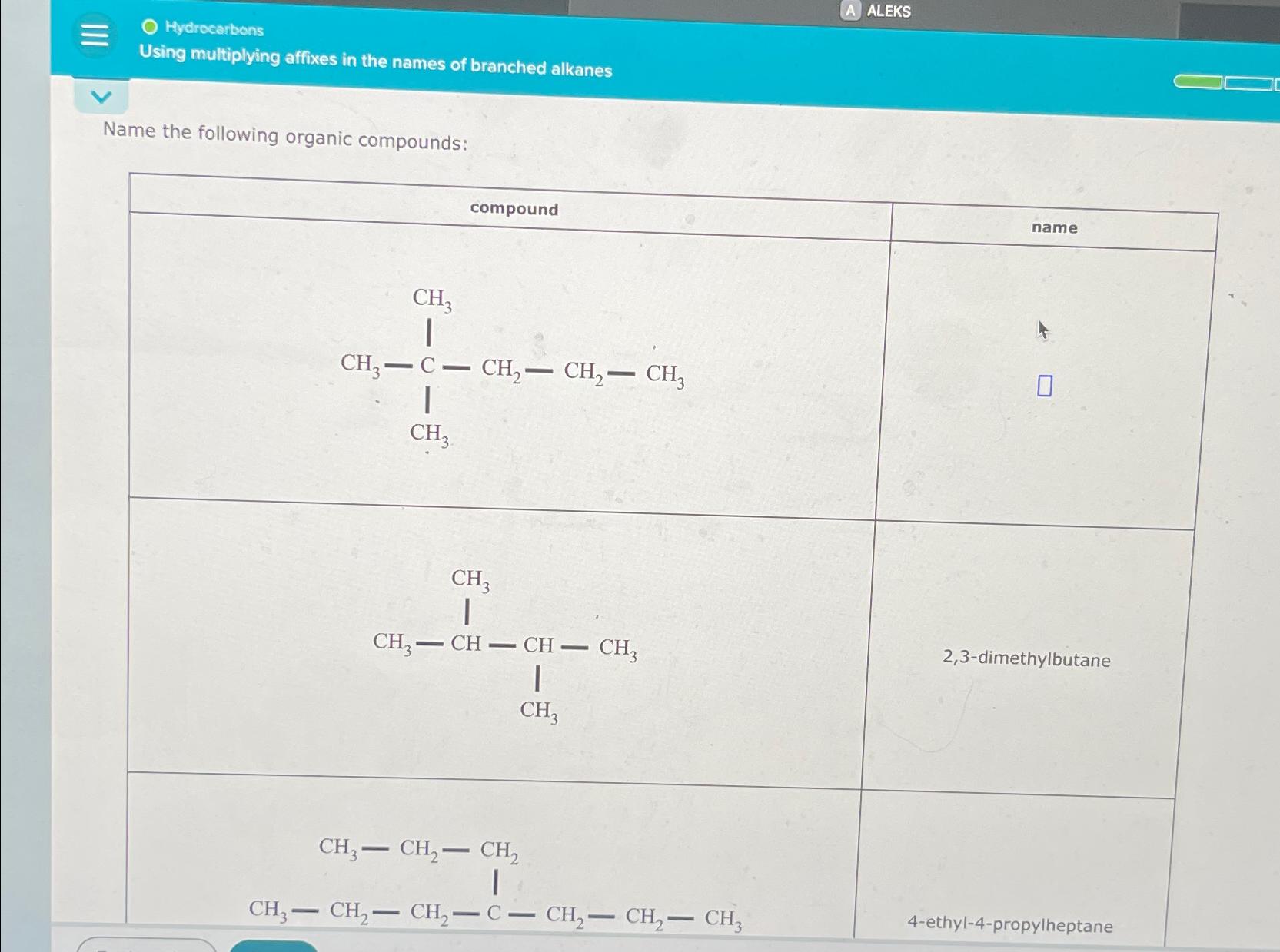 Solved ALEKSHydrocerbonsUsing multiplying affixes in the | Chegg.com
